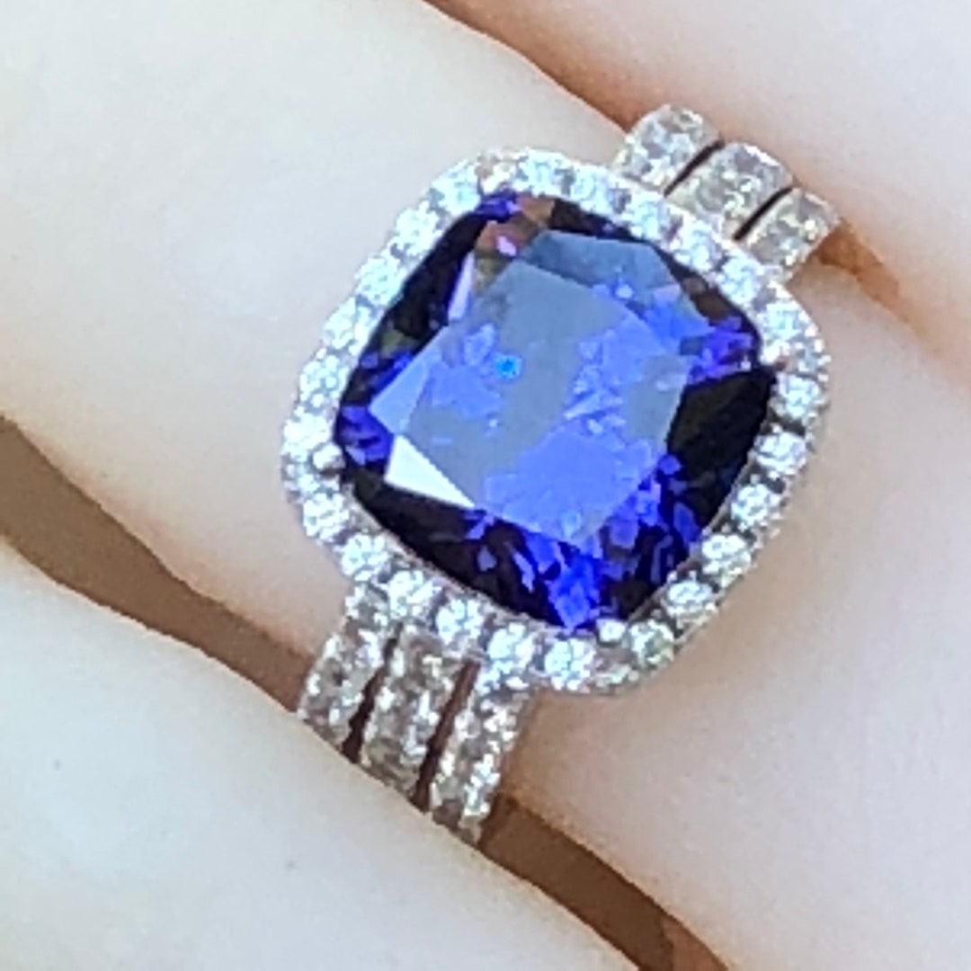 Tanzanite Ring, 5ct Halo Cushion Cut Created Tanzanite Ring, Cushion ...