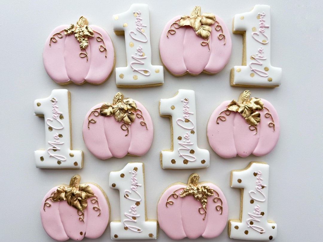 Personalized Pink Pumpkin First Birthday Sugar Cookies Gold Polka Dot ...