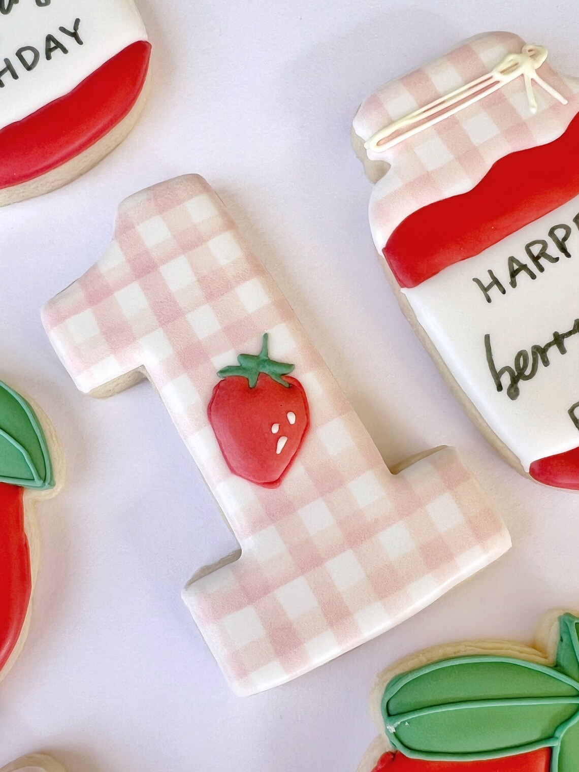 Berry First Birthday Custom Sugar Cookies, Two Sweet Pink Gingham ...