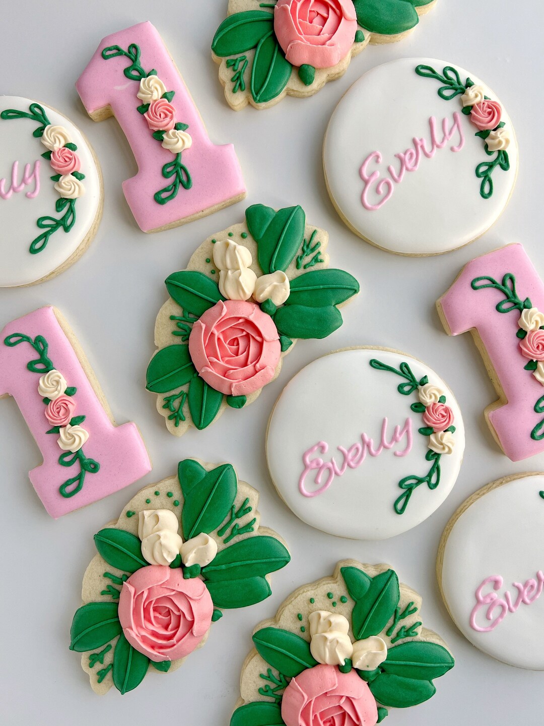 First Birthday Girl Floral Cookies, Baby Girl Pink Boho Floral Sugar ...
