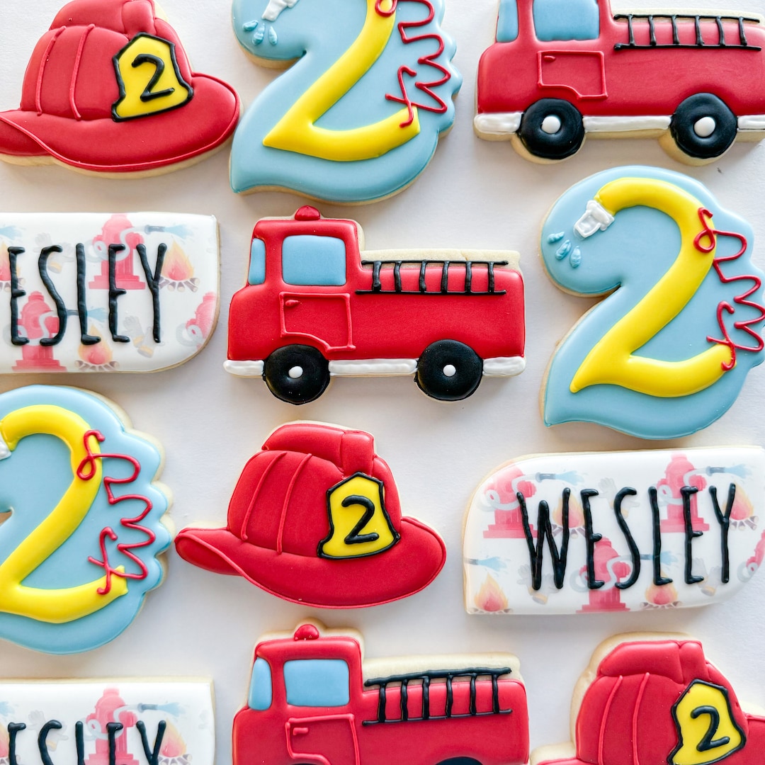 Firetruck Birthday Sugar Cookies, Custom Firefighter Boy 2nd Birthday ...