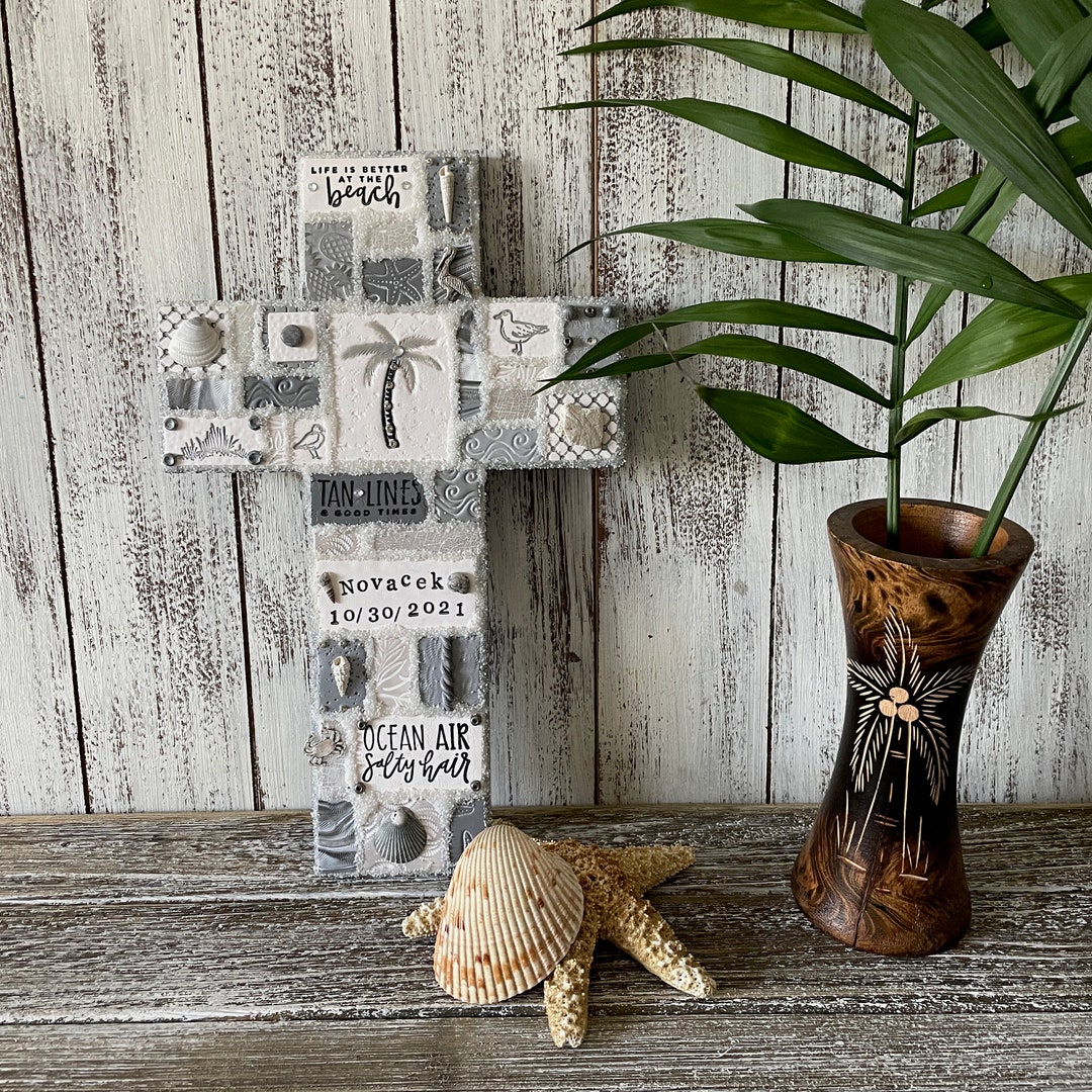 Personalized Coastal Cross: Gray & White Beach House Decor - Etsy