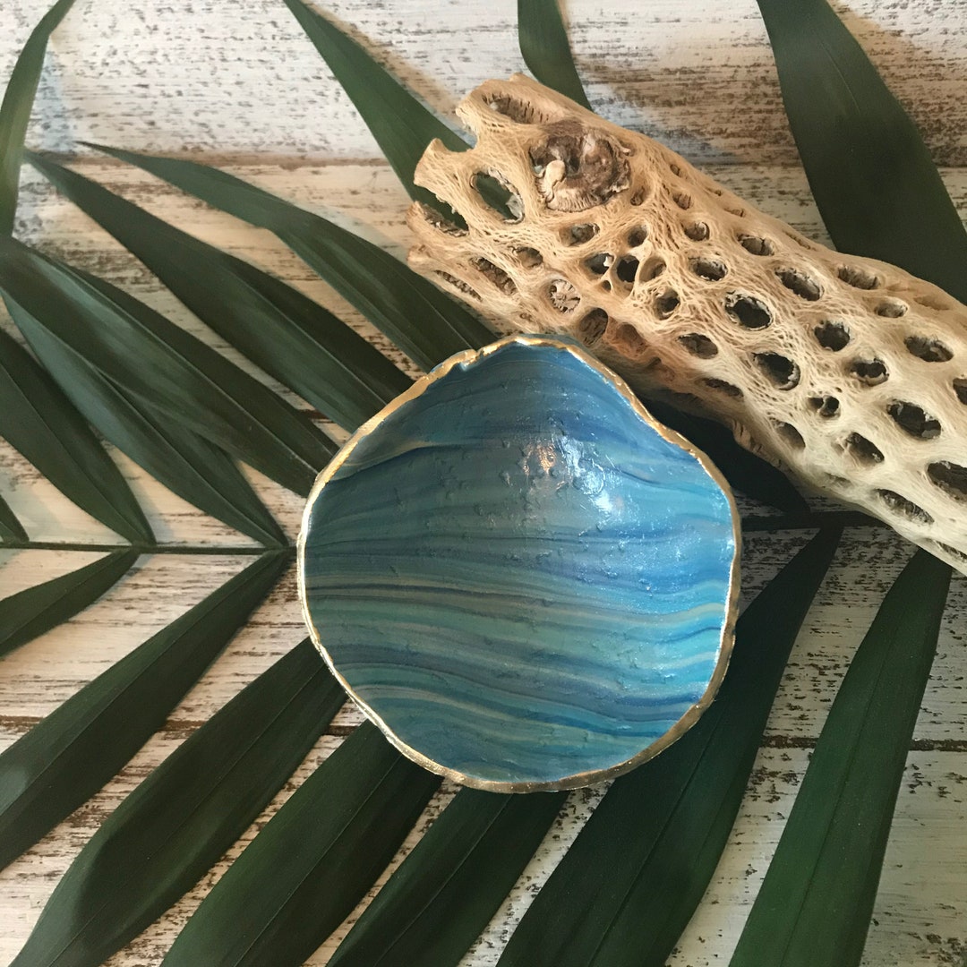 Handmade Shell Ring Dish: Aquamarine Polymer Clay Jewelry Holder - Etsy