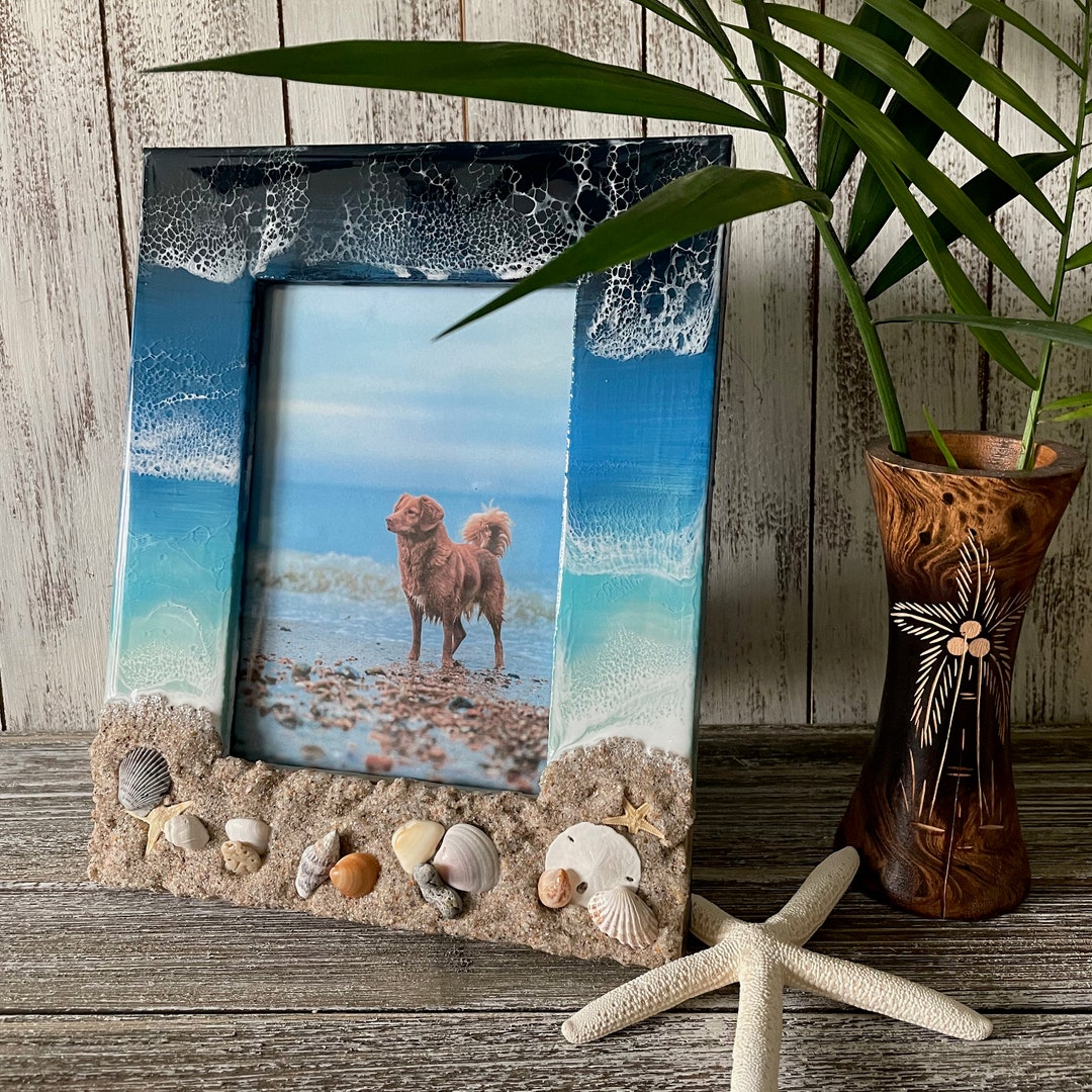 Coastal Picture Frame: Beach Sand, Shells, Resin Ocean - 5x7 Portrait ...