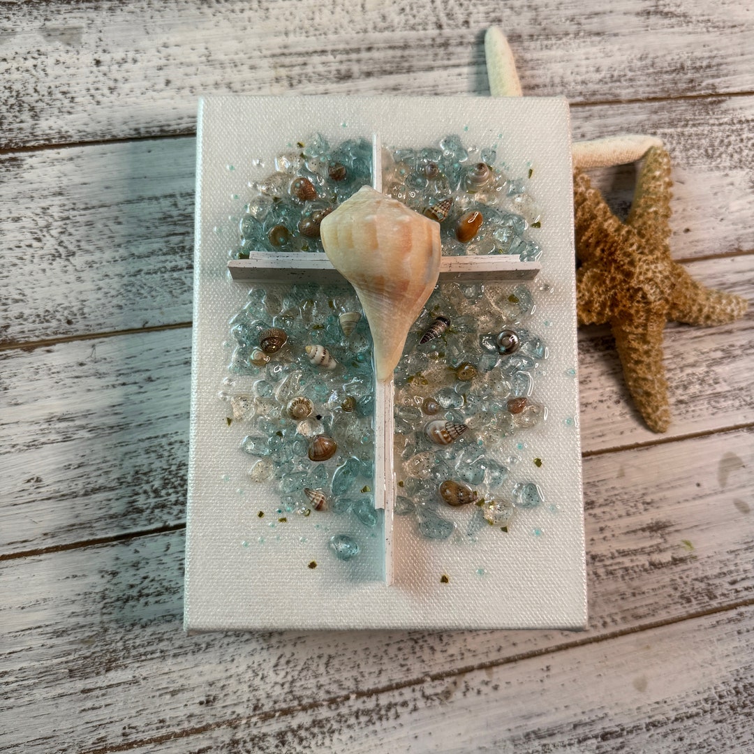 Beach Cross With Shell Glass and Resin Art 5 X 7 Beach House Decor Aqua ...