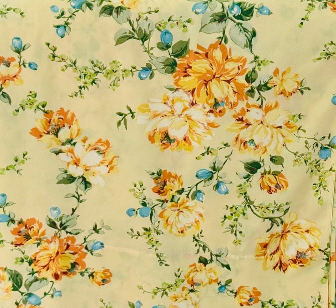 Vintage Pequot Brand Full Flat Sheet Lemon Orange Blue Floral Clean EUC ...