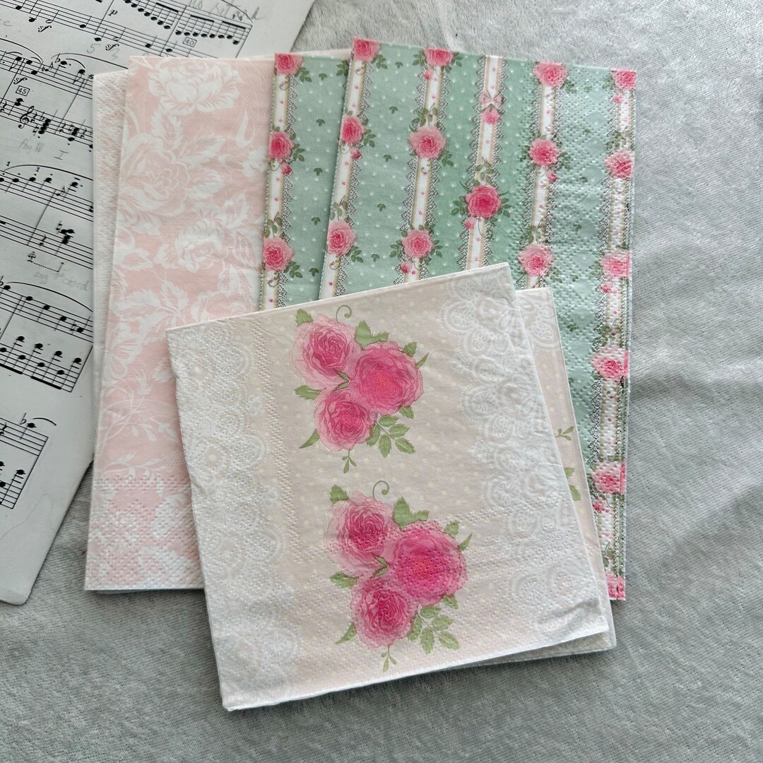 Spring Floral Paper Napkins: Rose, Lace, and Stripes - Set of 6 - Etsy