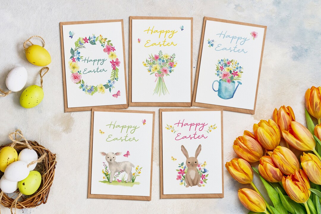 Easter Cards, Pack of 5 Easter Cards, Cute Animal Easter Card Set ...