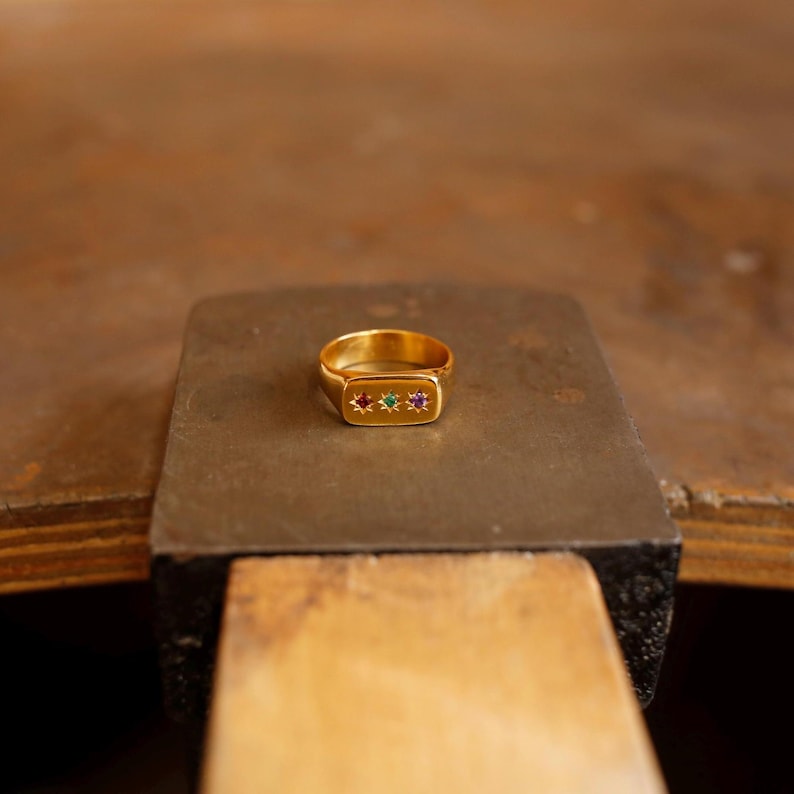 Trinity Gemstone Signet Ring |emerald, Amethyst& Garnet|gold Vermeil ...