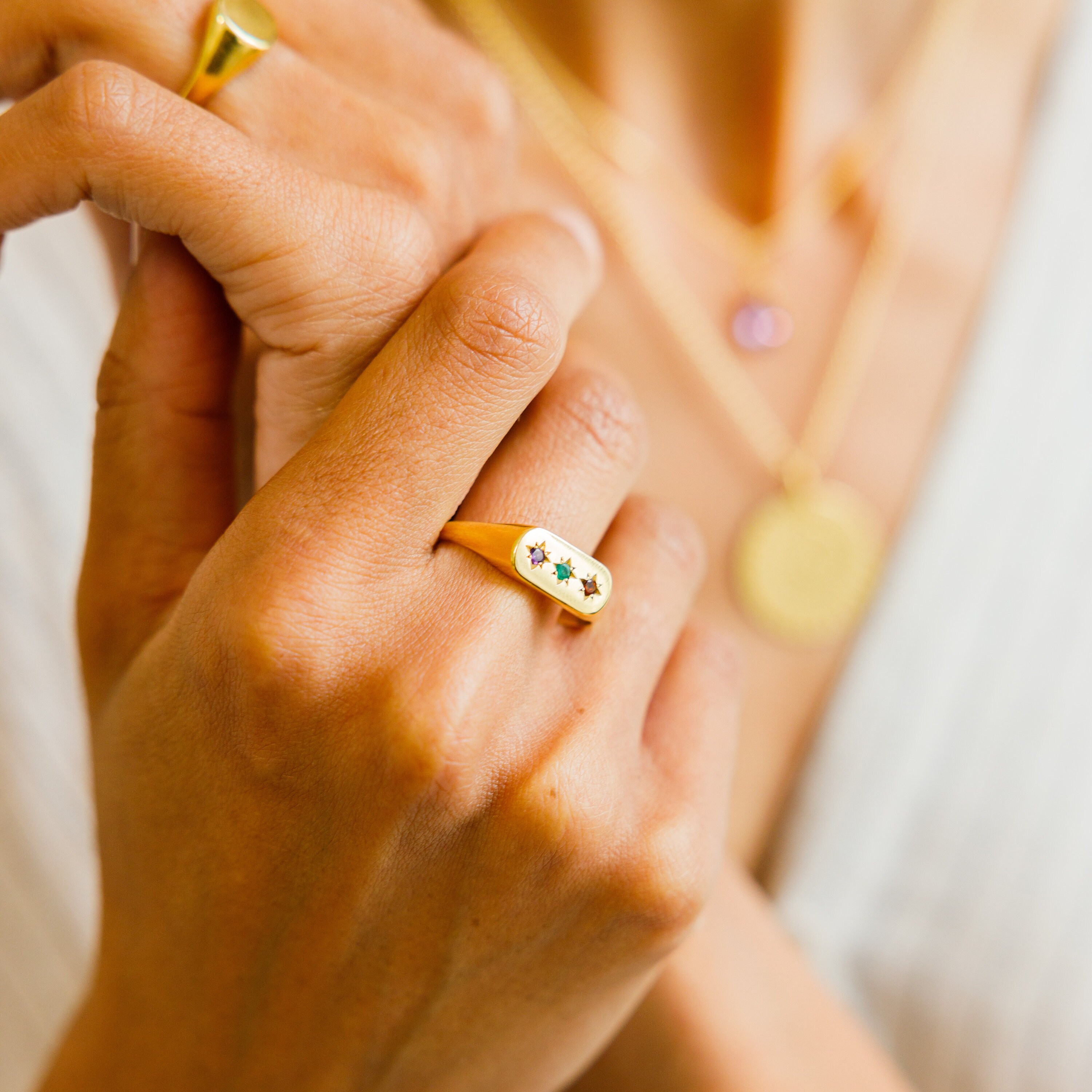 Trinity Gemstone Signet Ring |emerald, Amethyst& Garnet|gold Vermeil ...
