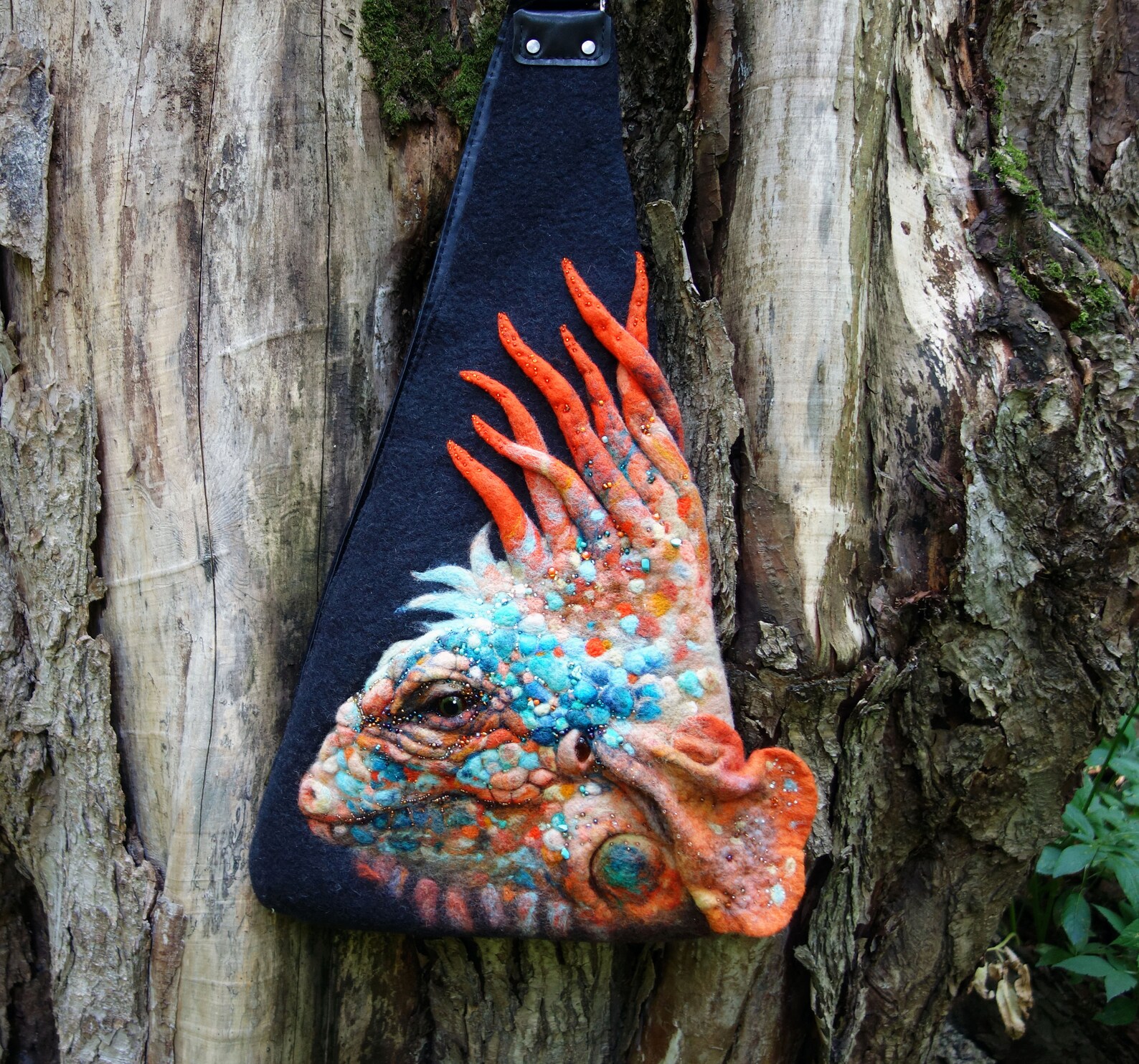 3d black iguana felted backpack /Orange dragon one shoulder | Etsy