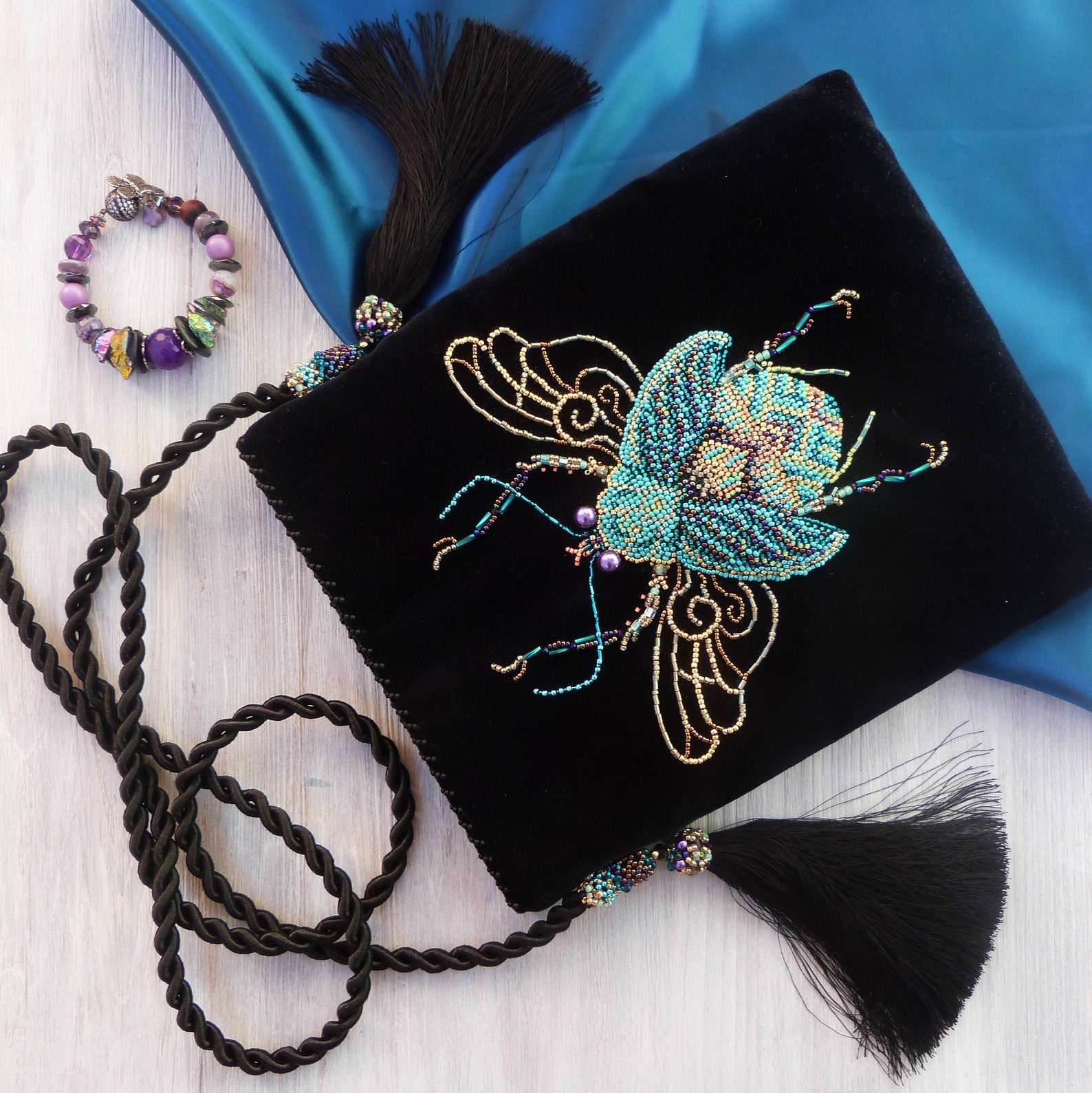 Navy Velvet Blue Beetle Beaded Purse With Tassels/embroidered | Etsy