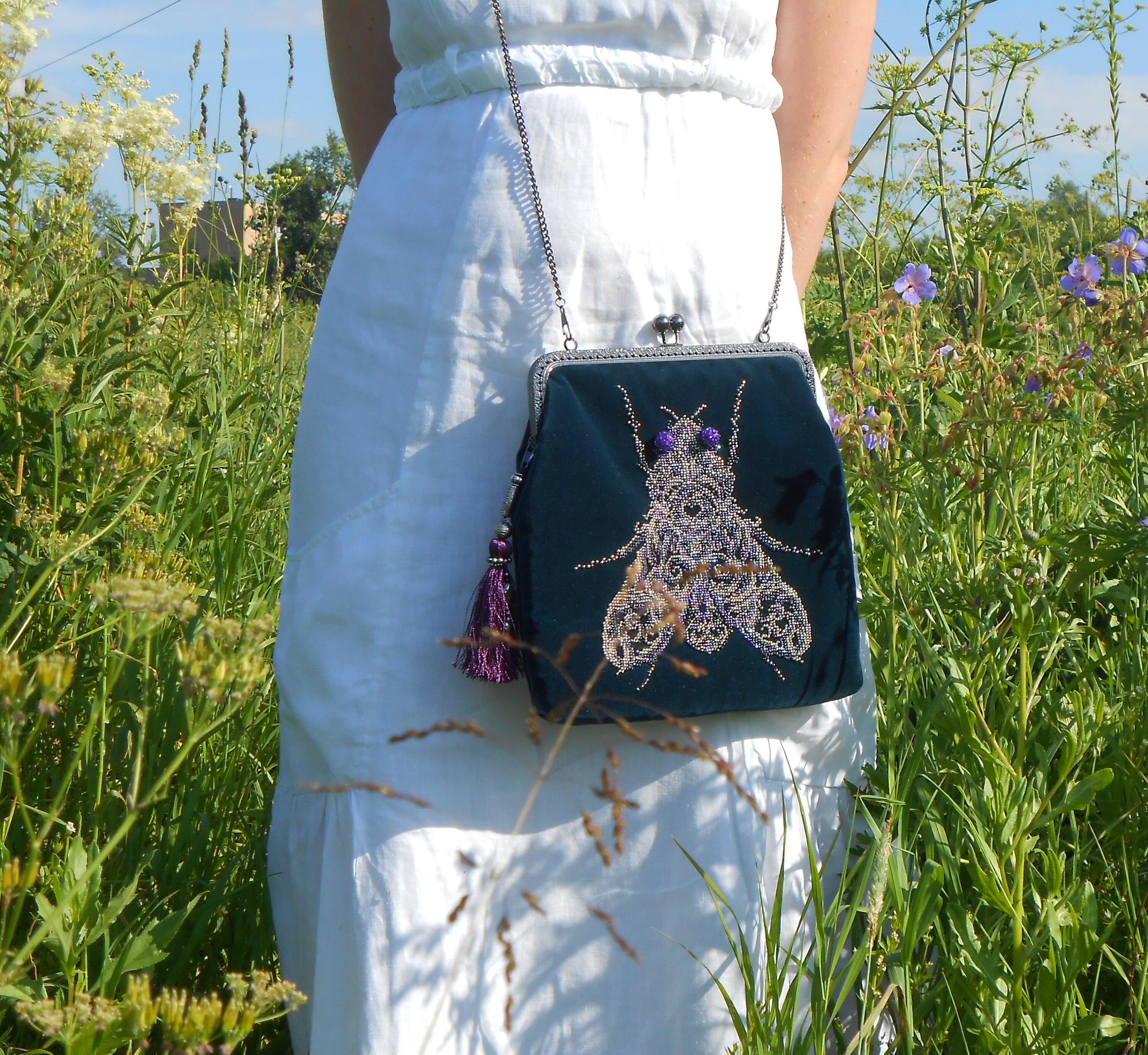 Silver fly velvet purse /Black beaded purse with insect print | Etsy