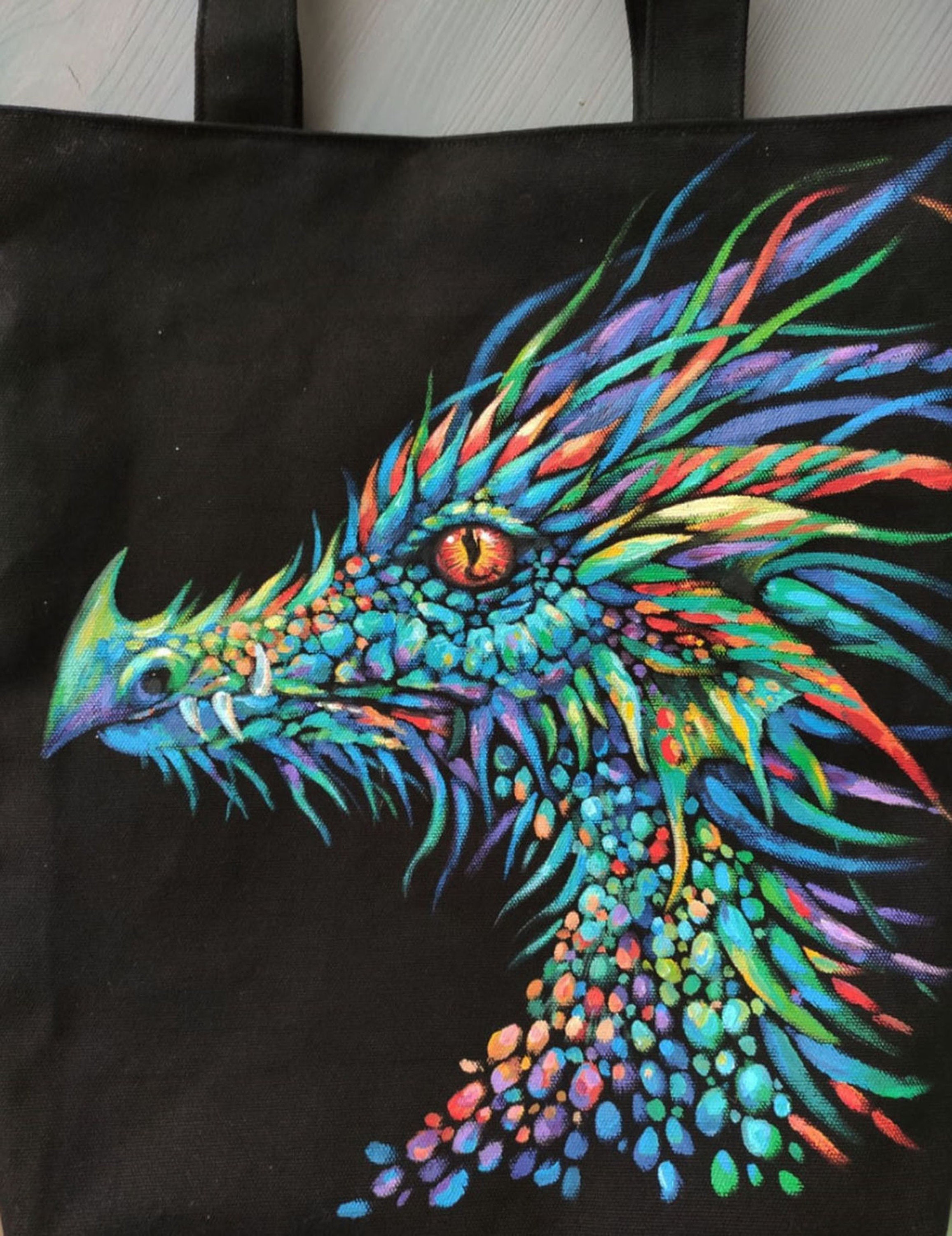 Big blue dragon hand paint purse/ Hand fan Rainbow dragon | Etsy