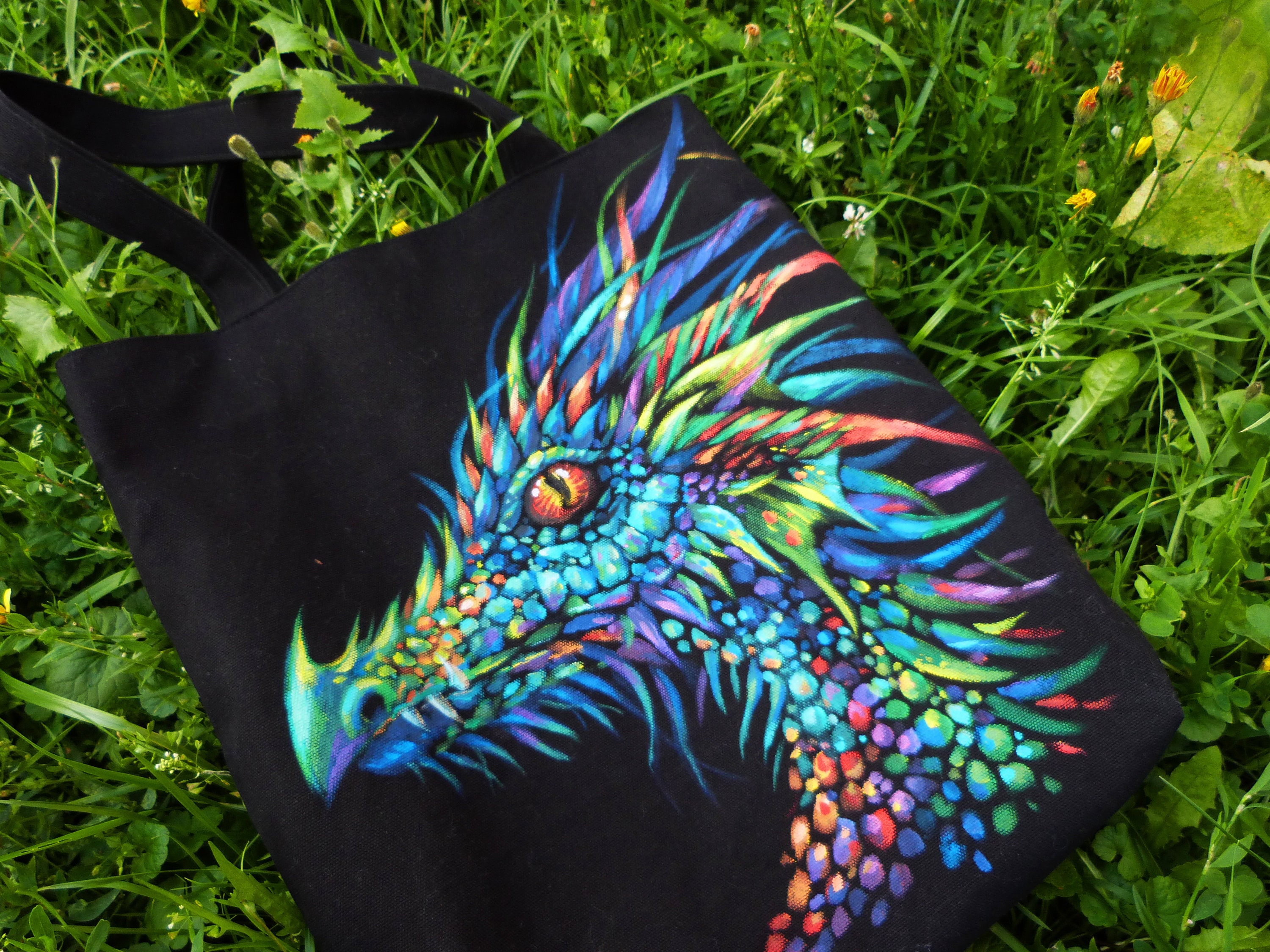 Big blue dragon hand paint purse/ Hand fan Rainbow dragon | Etsy