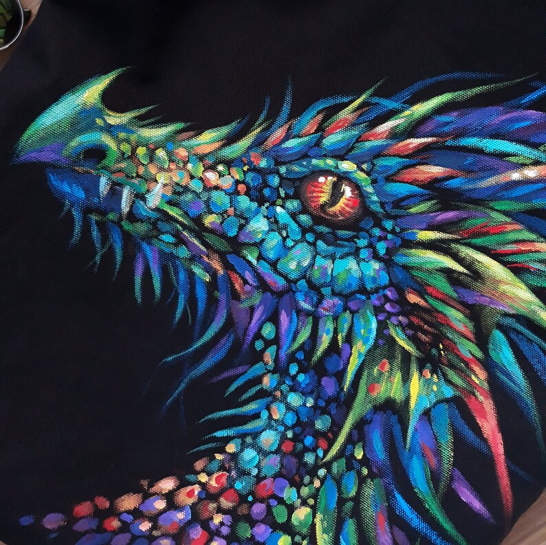 Big Blue Dragon Hand Paint Purse/ Hand Fan Rainbow Dragon | Etsy