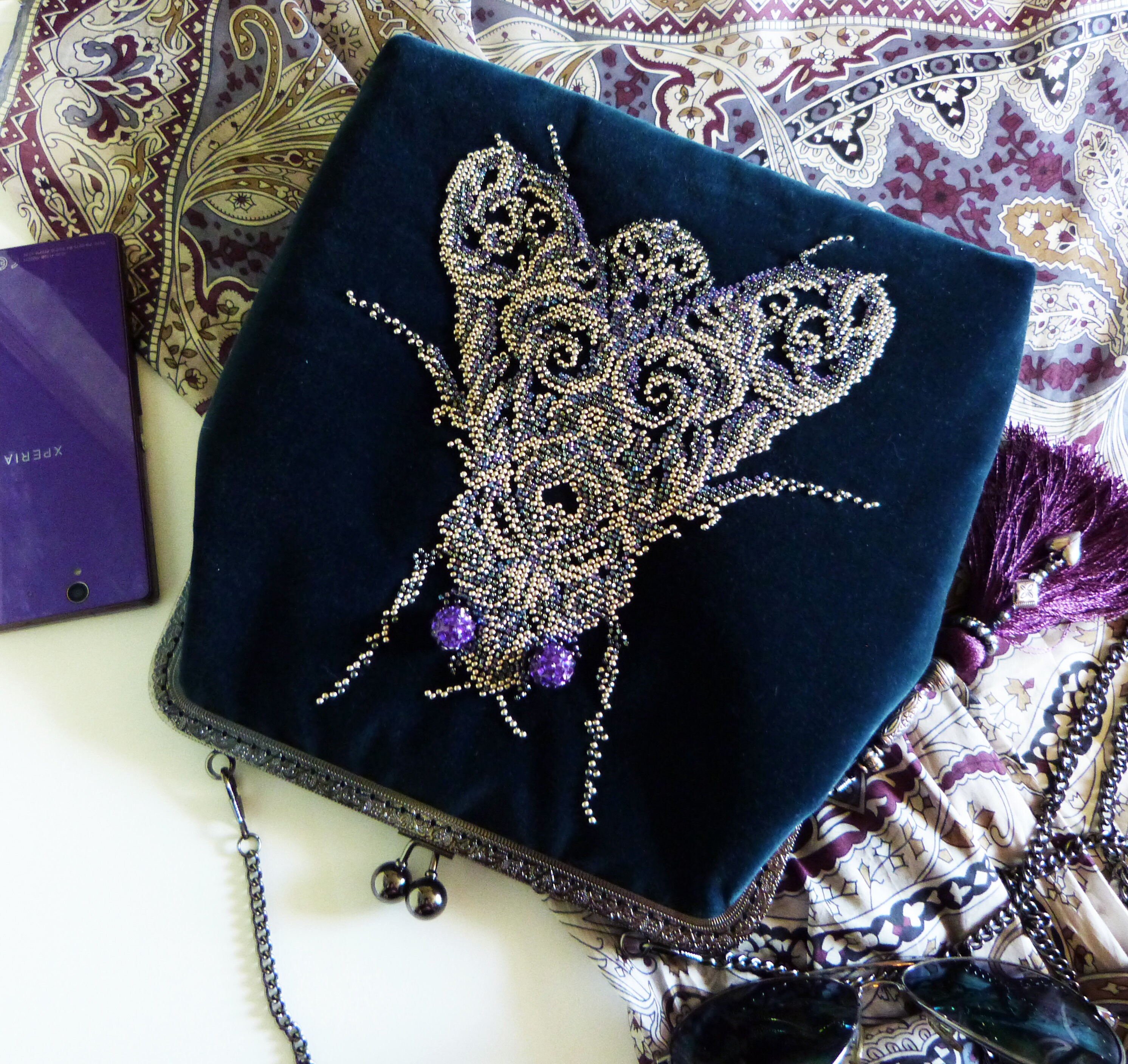 Silver fly velvet purse /Black beaded purse with insect print | Etsy