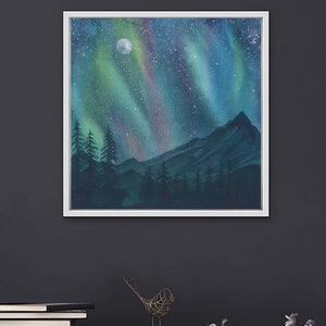 Northern Lights Painting Night Sky Original Art 10" X 10" Moon Painting ...