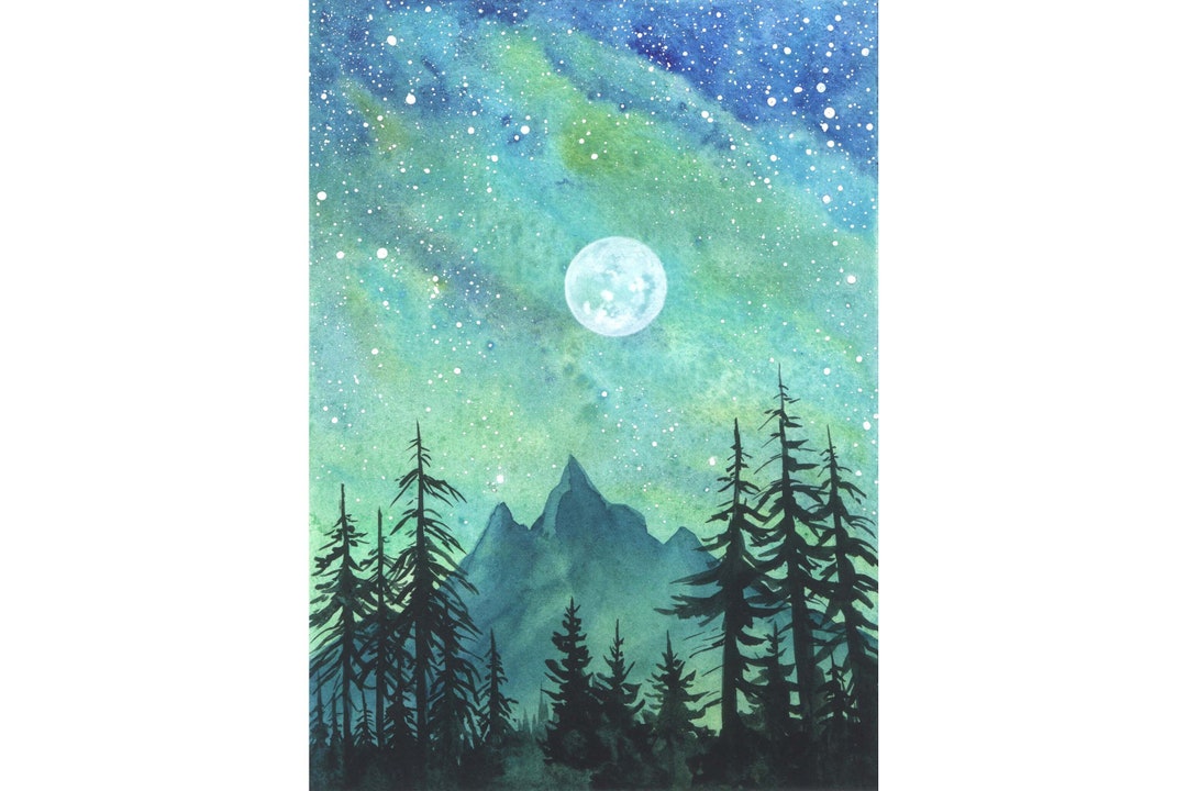 Midnight Painting Night Sky Original Art 5" X 7" Moon Painting Forest ...