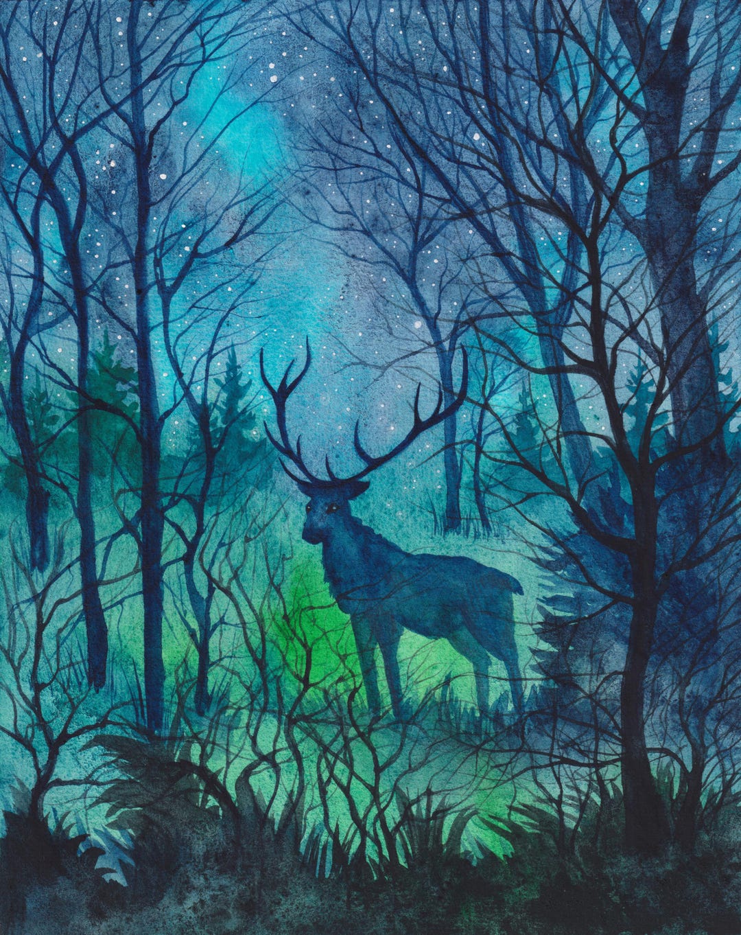Deer Watercolor Painting: Enchanted Forest Night Sky Art, 8x10 - Etsy
