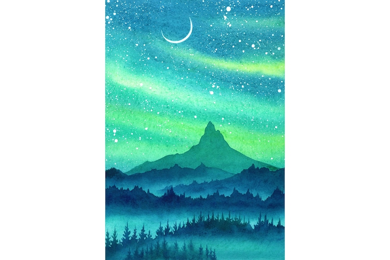 Mount Rainier Painting Northern Lights Original Art 5.5" X 8" Night Sky ...