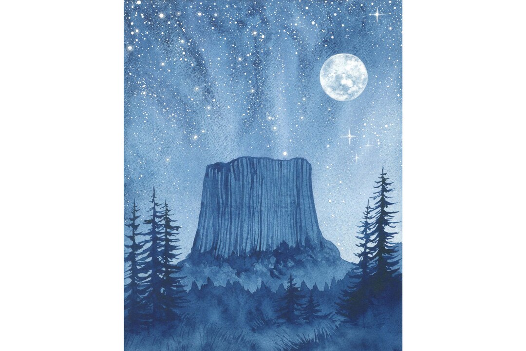 Devils Tower Painting National Monument Original Art 10 X 8 Night Sky ...