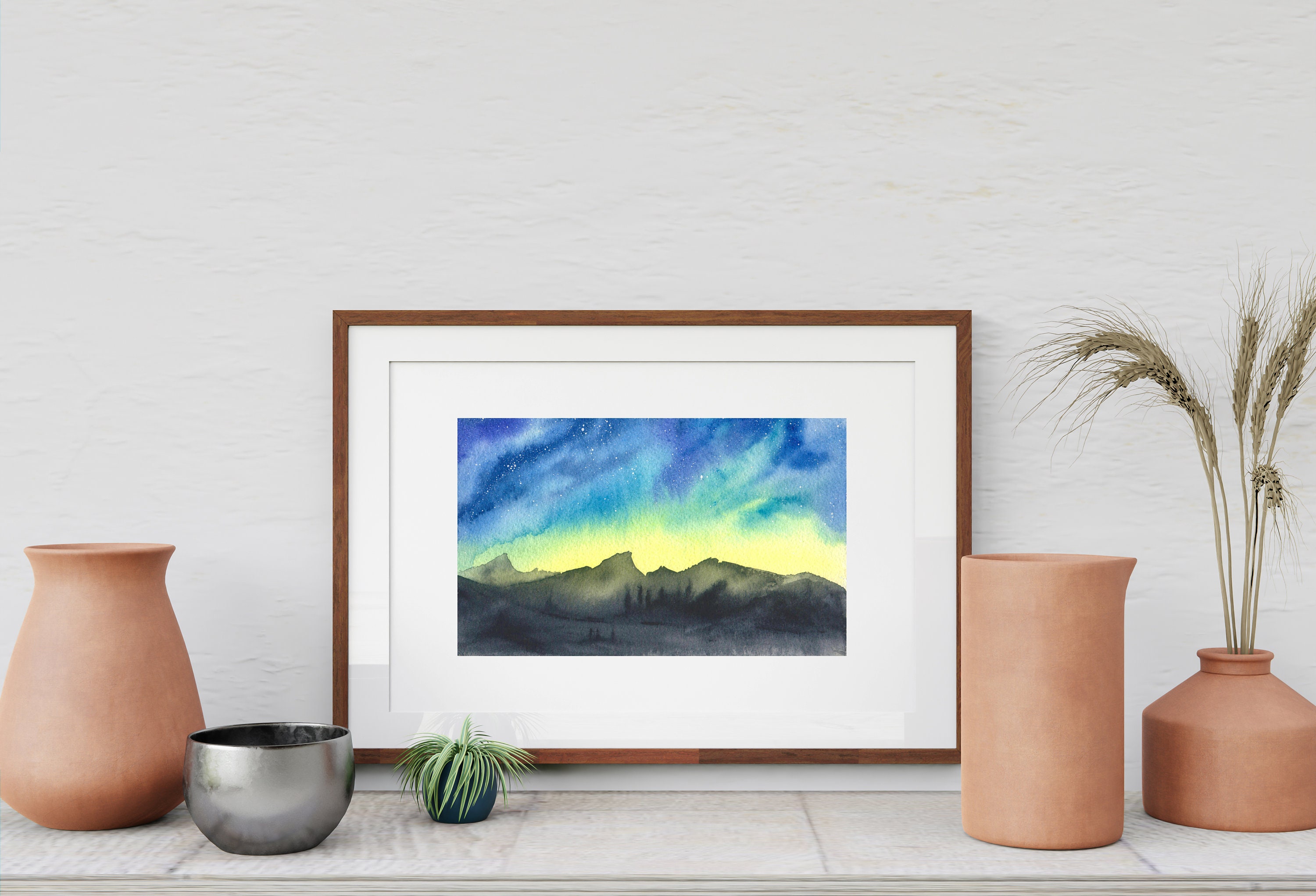 Northern Lights Painting Night Sky Original Art 5 X 9 Mountain Painting ...
