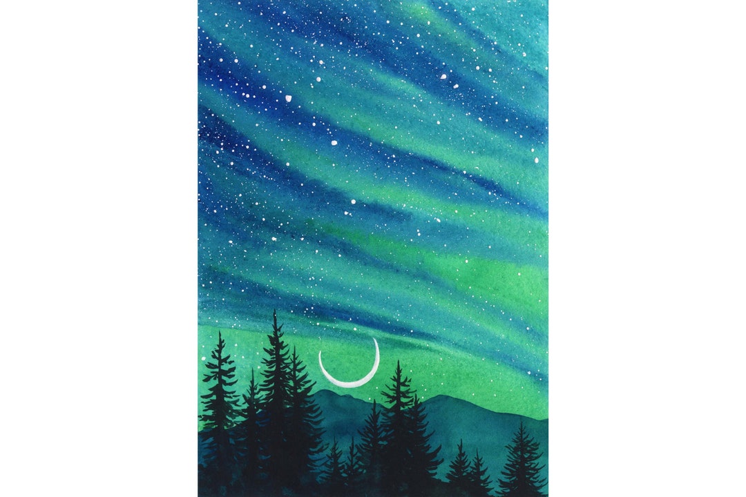 Auroras boreales, pintura pequeña, bosque encantado, 12,7 x 18,8 cm ...