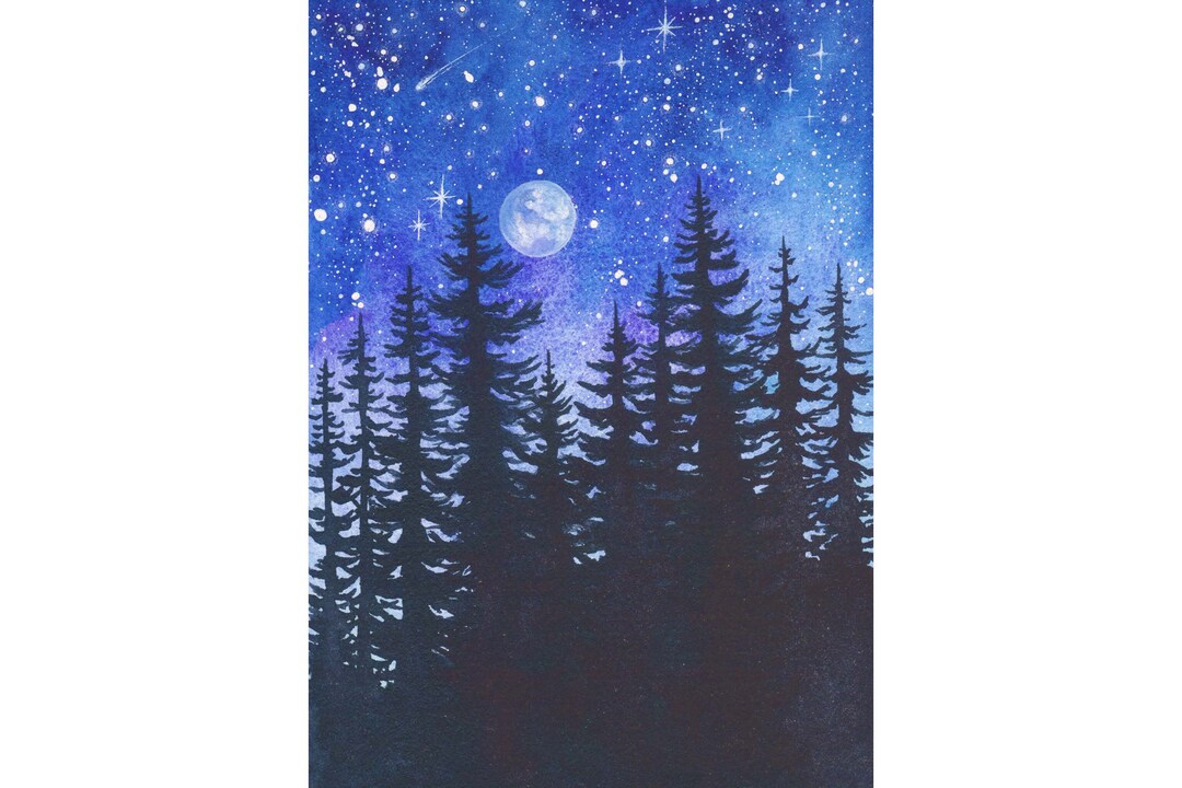 Enchanted Forest Painting Night Sky Original Art 5" X 7" Moon Painting ...