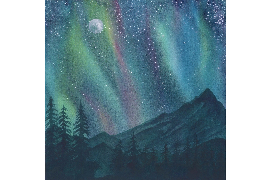 Northern Lights Painting Night Sky Original Art 10" X 10" Moon Painting ...