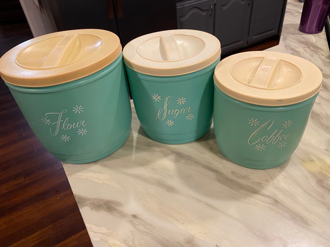 Vintage Mid Century Stanley 3 Piece Turquoise Canister Set-flour Sugar ...