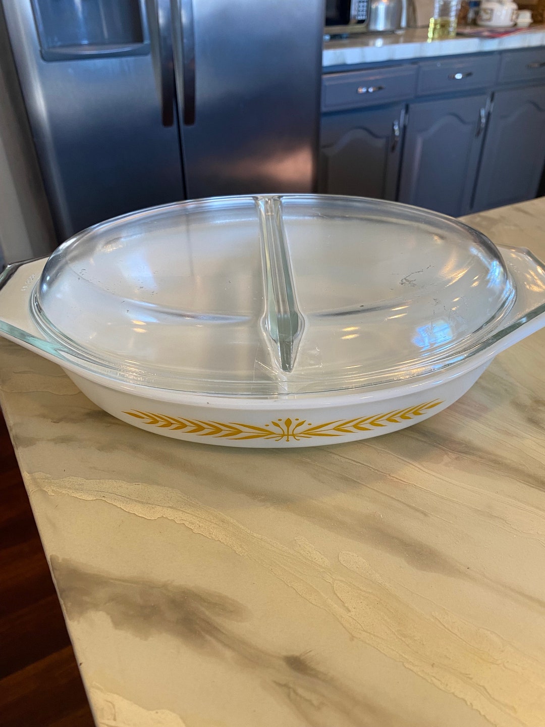 Vintage Pyrex Yellow Royal Wheat Divided Dish With Divided Lid ...