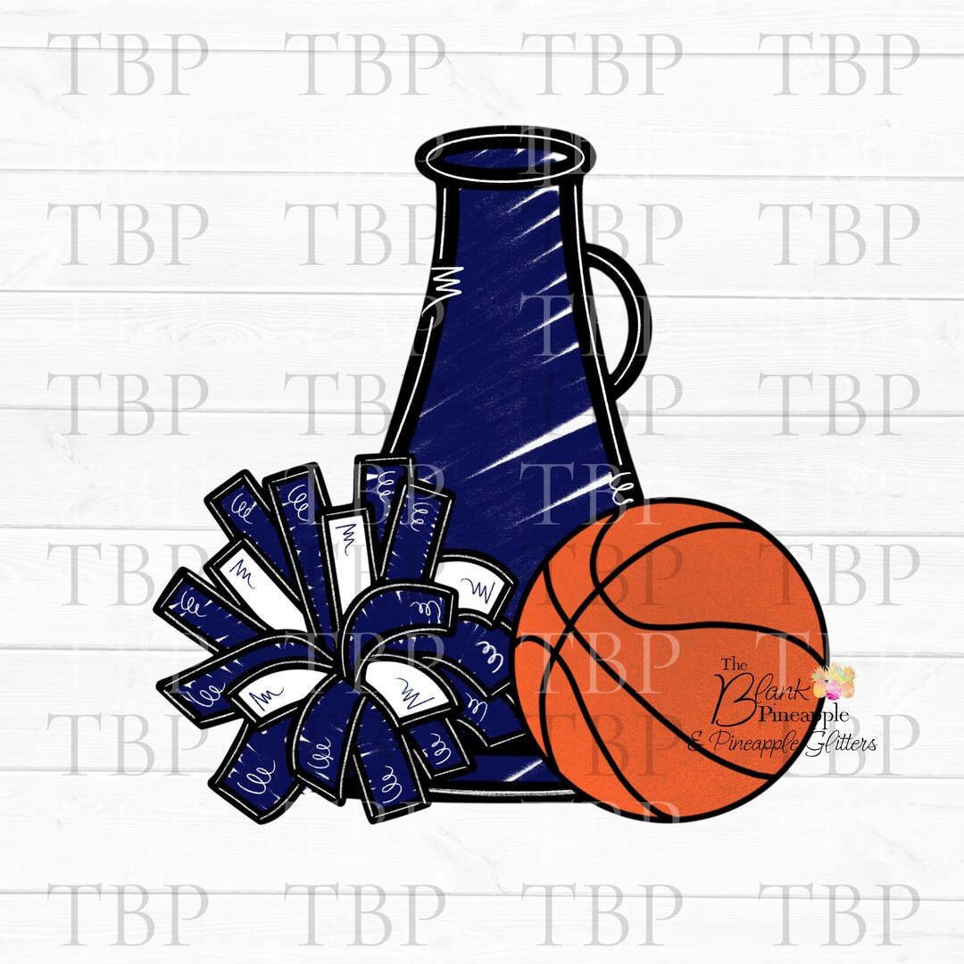 Cheer Design PNG, Cheer Basketball Megaphone and Pom Pom in Navy PNG ...