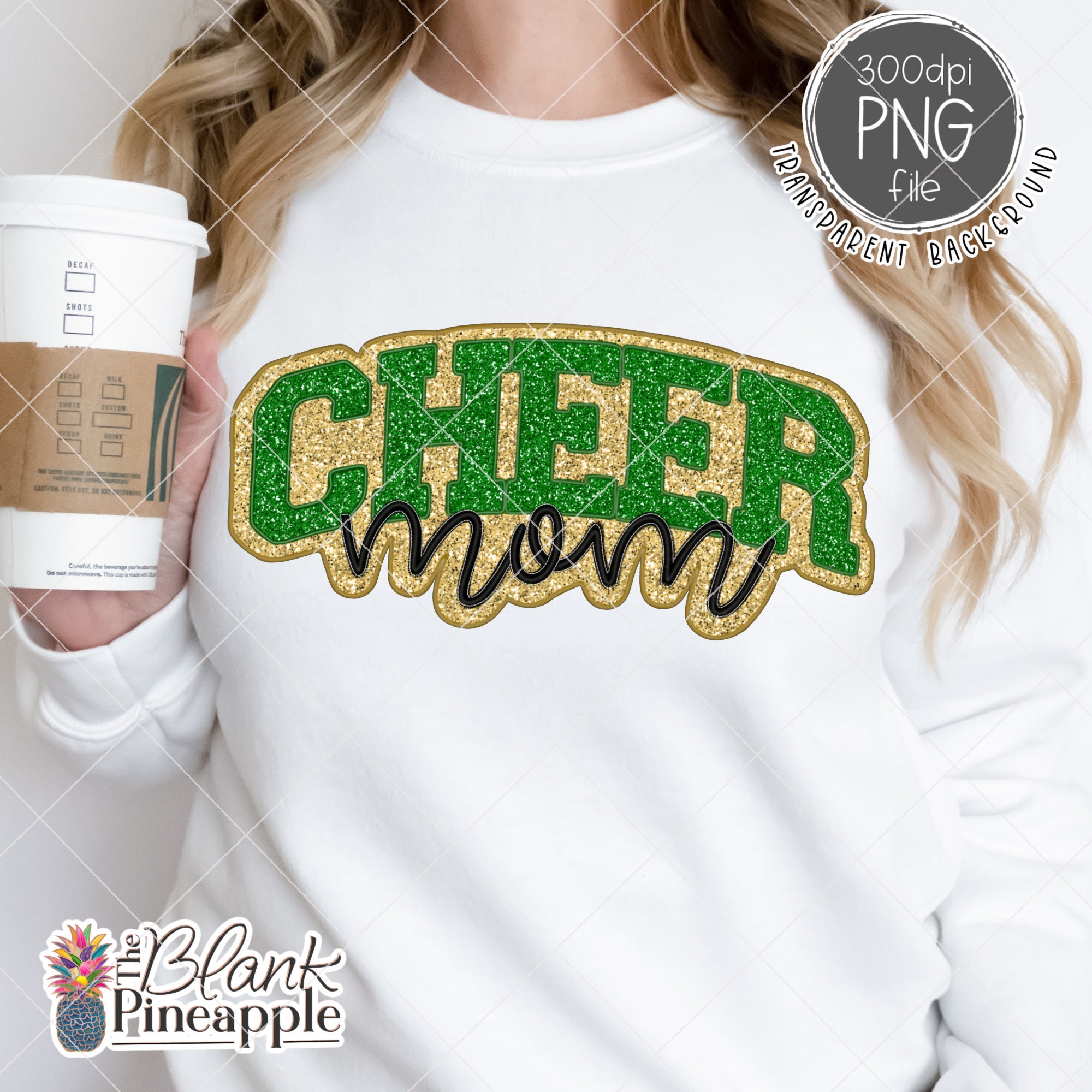 Cheer Design PNG, Cheer Mom in Faux Glitter and Embroidery in Green and ...