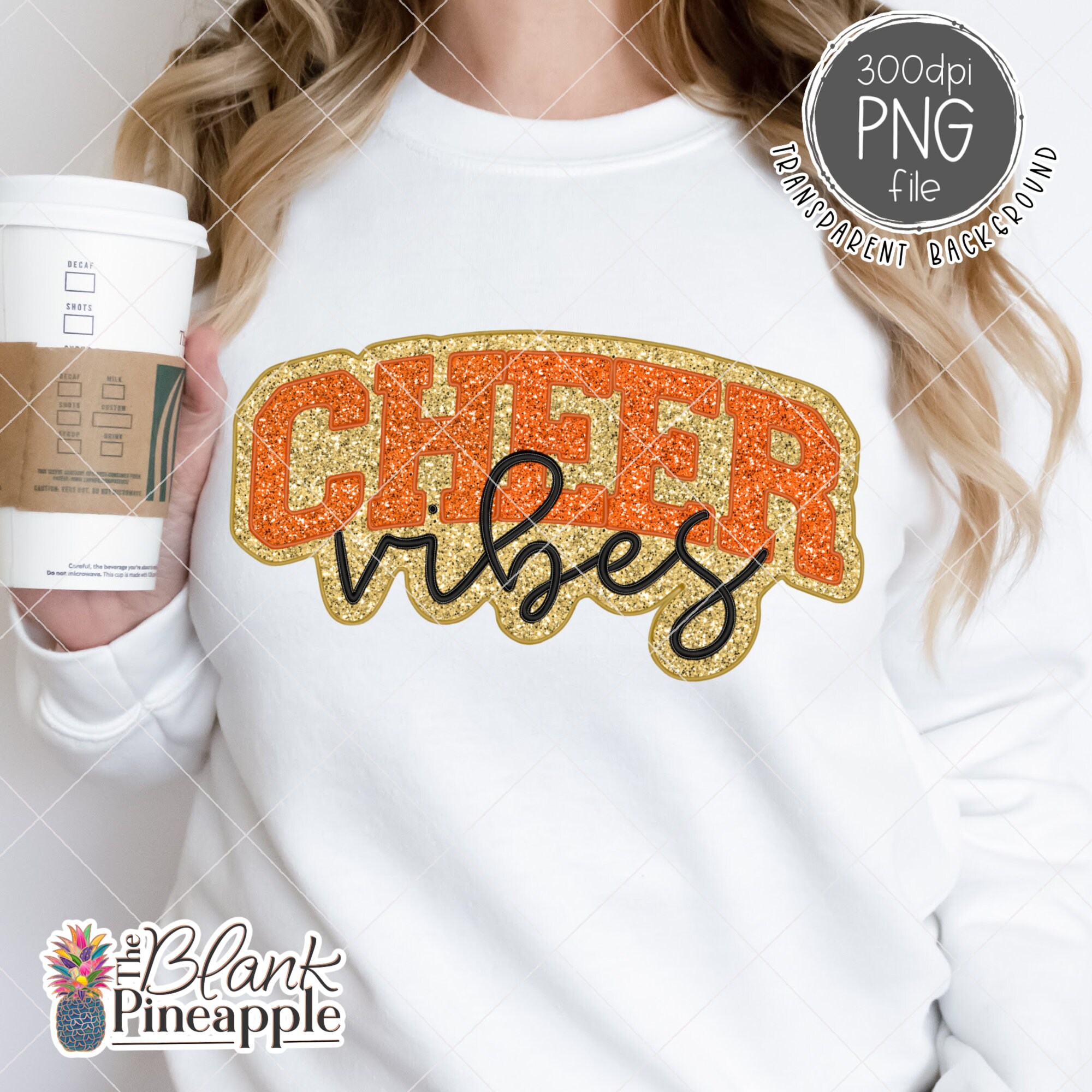 Cheer Design PNG, Cheer Vibes in Faux Glitter and Embroidery in Orange ...