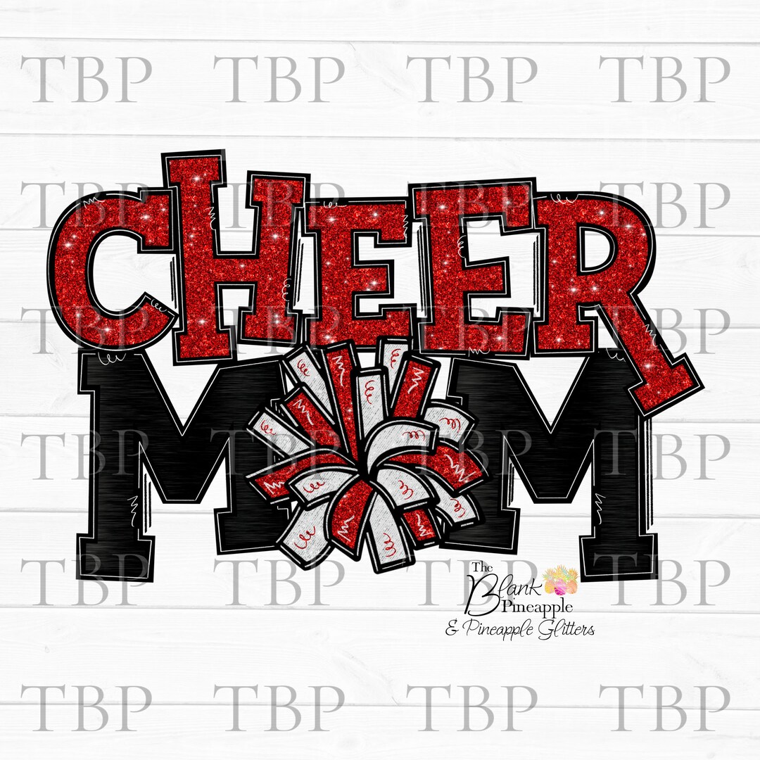 Cheer Design PNG, Cheer Mom Black Foil and Red Glitter With Pom Poms ...
