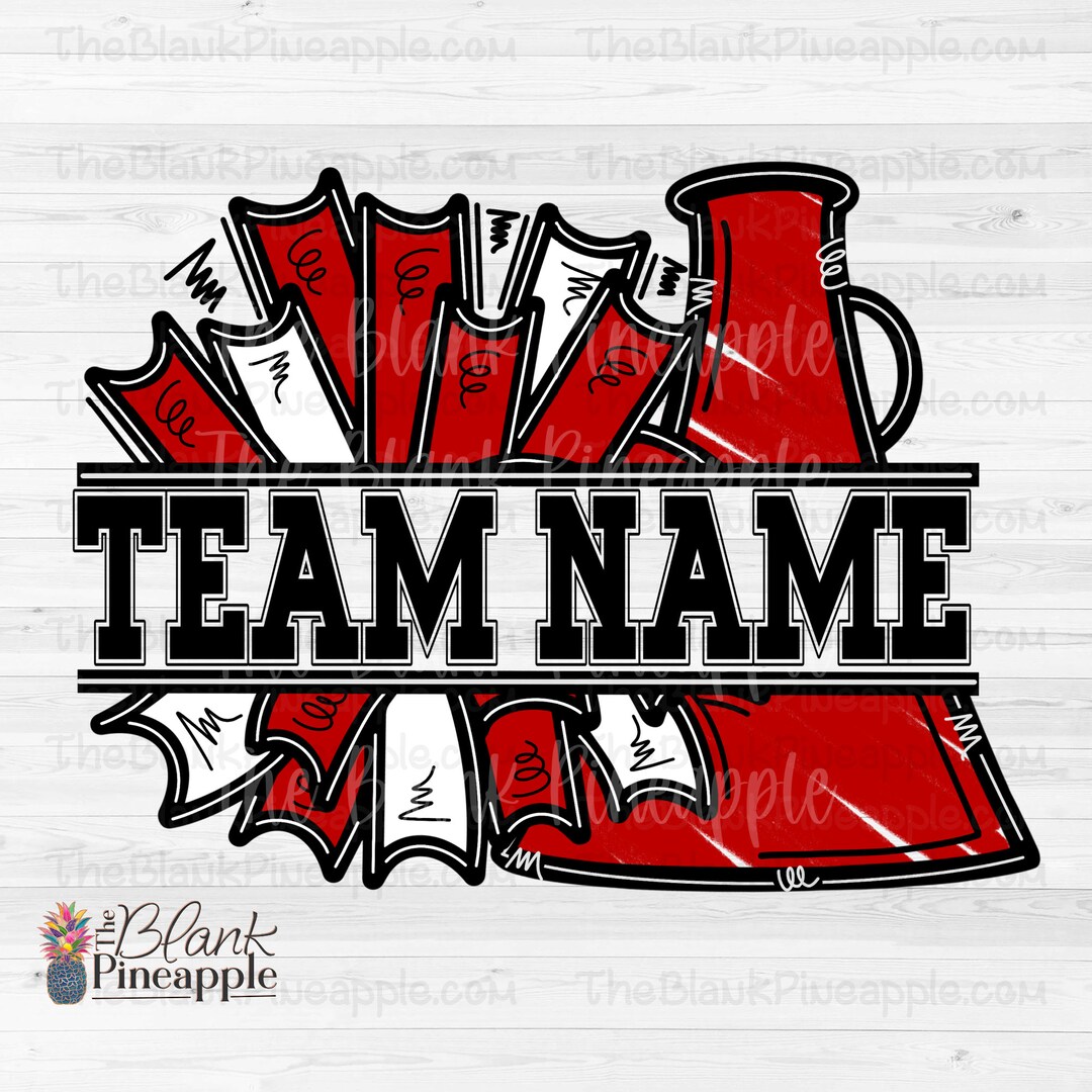 Cheer Design PNG, Add Your Own Name Cheer Megaphone and Pom Poms in Red ...