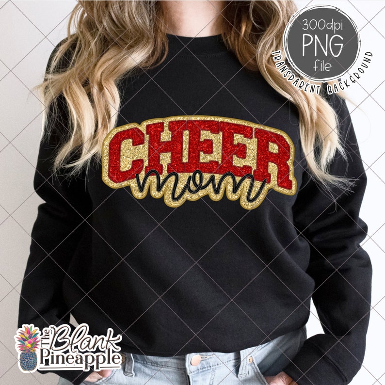 Cheer Design PNG, Cheer Mom in Faux Glitter and Embroidery in Red and ...