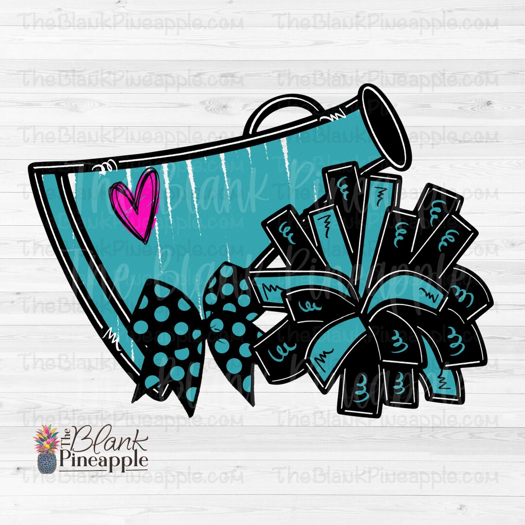 Cheer Design PNG, Cheer Megaphone and Pom Poms With Bow in Teal and ...