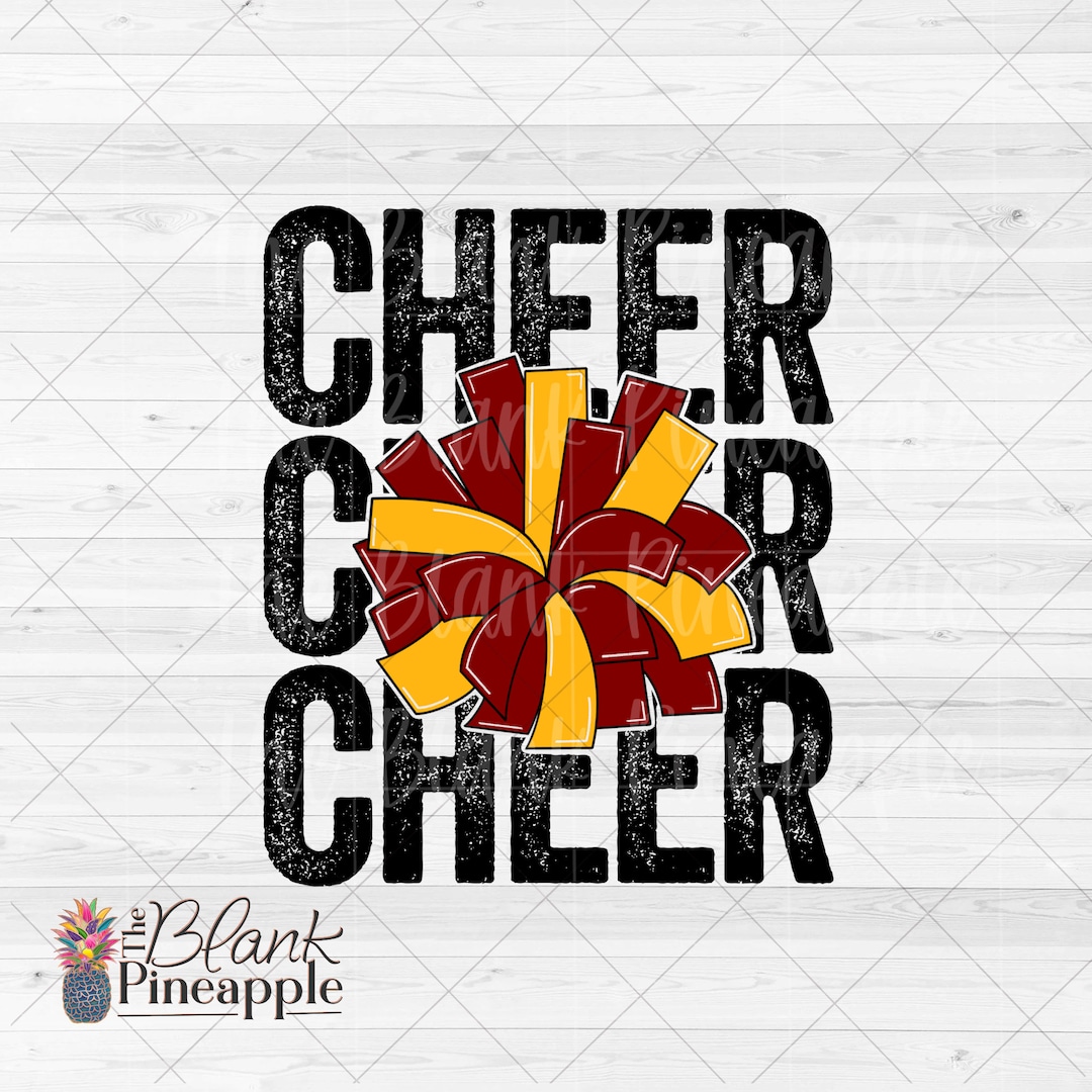 Cheer Design PNG, Distressed Cheer With Maroon and Yellow Gold Pom Pom ...