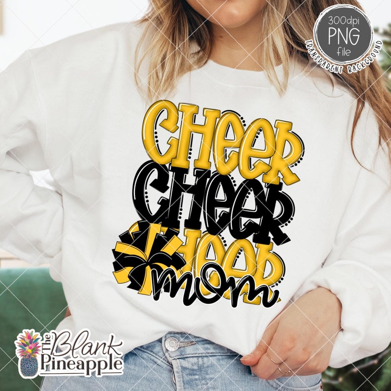 Cheer Design PNG Cheer Mom in Yellow and Black With Pom Poms PNG, Cheer ...