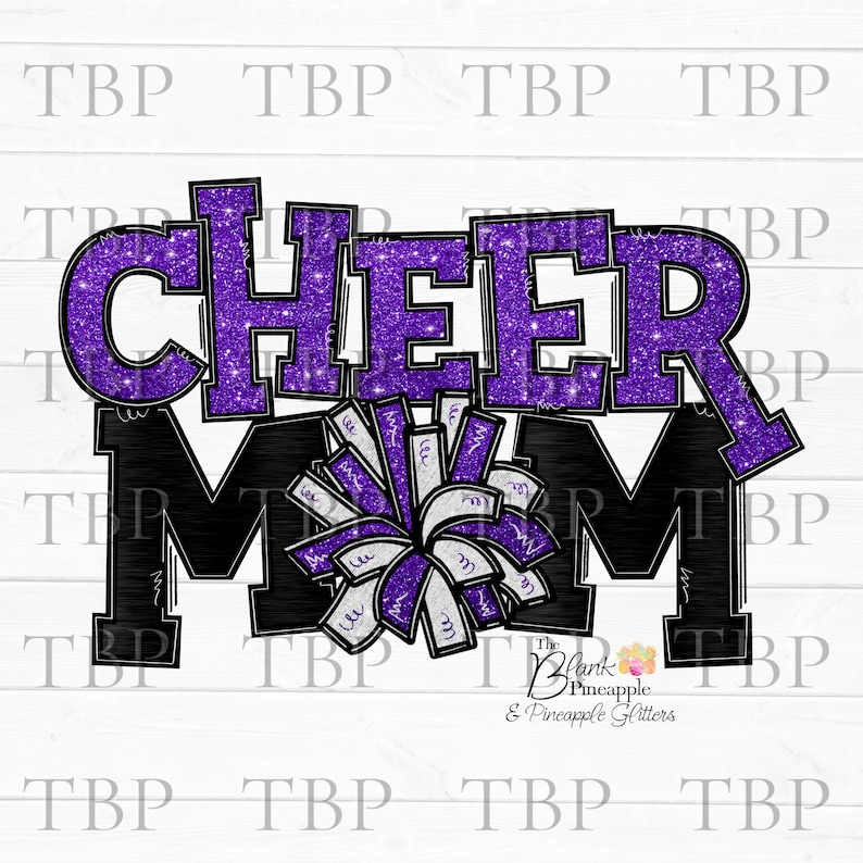 Cheer Design PNG, Cheer Mom Black Foil and Purple Glitter With Pom Poms ...