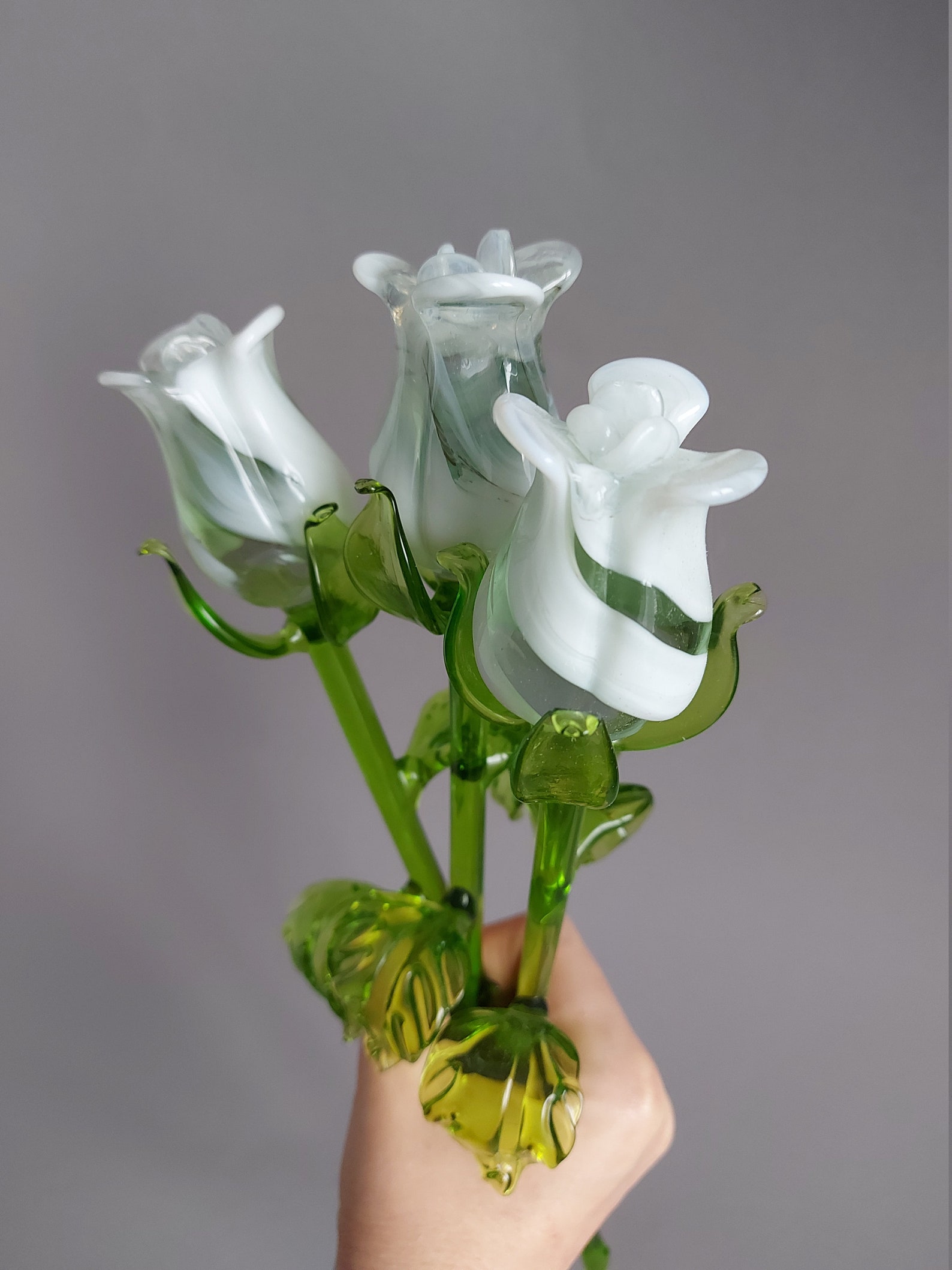 White Glass Roses Hand Blown Glass Rose Flowers on Long - Etsy