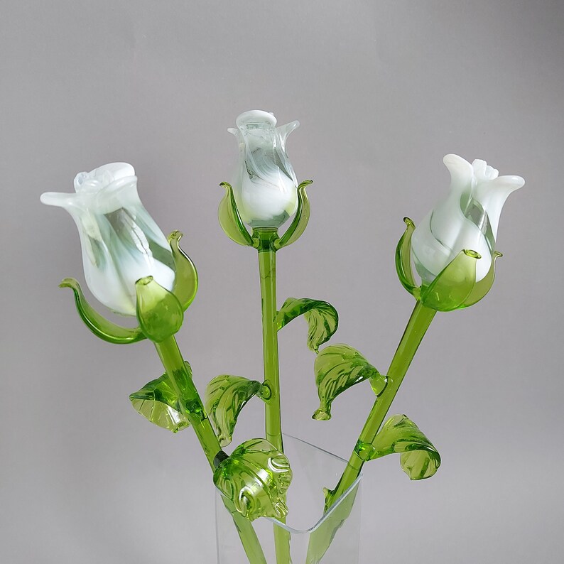 White Glass Roses Hand Blown Glass Rose Flowers on Long - Etsy