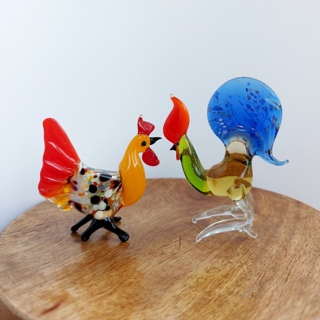 Hen and Rooster Glass Figurines, Couple Hen and Rooster, Hand Blown ...