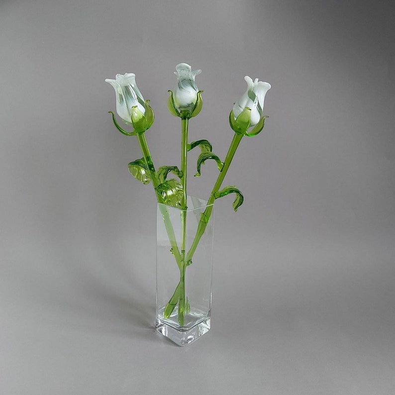 White Glass Roses Hand Blown Glass Rose Flowers on Long - Etsy