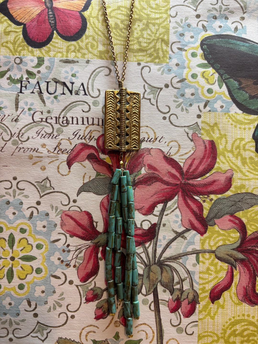 Antiqued Geometric and Bugle Bead Tassel Necklace - Etsy