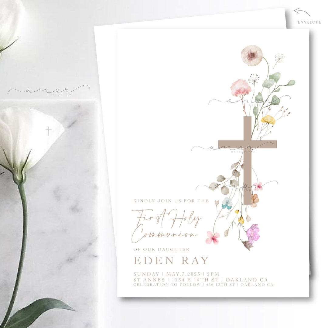 Floral Cross Holy Communion Invitation, Baptism Invitation, Minimalist ...