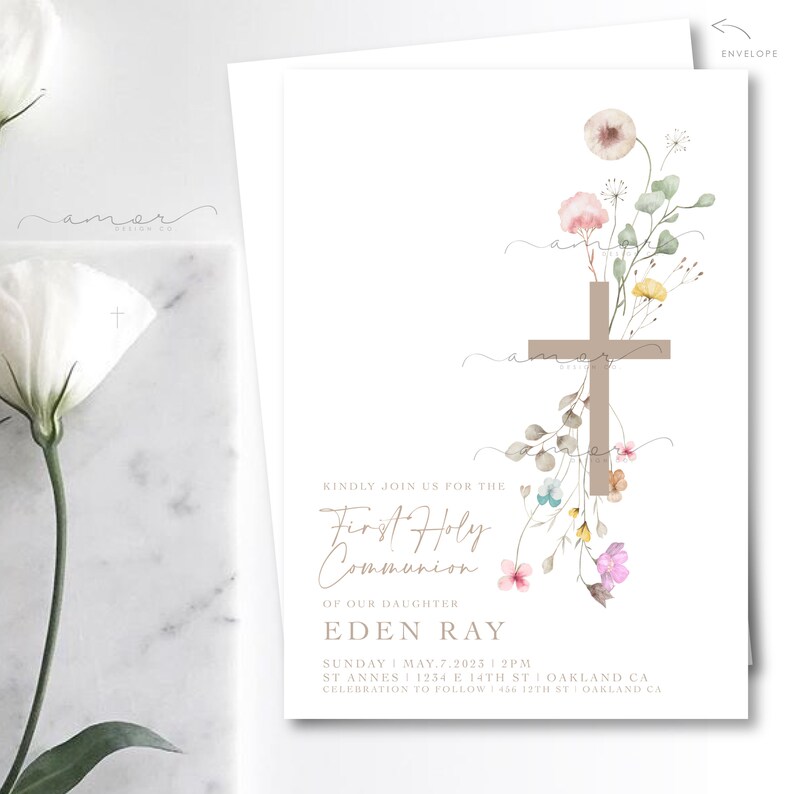Floral Cross Holy Communion Invitation, Baptism Invitation, Minimalist ...