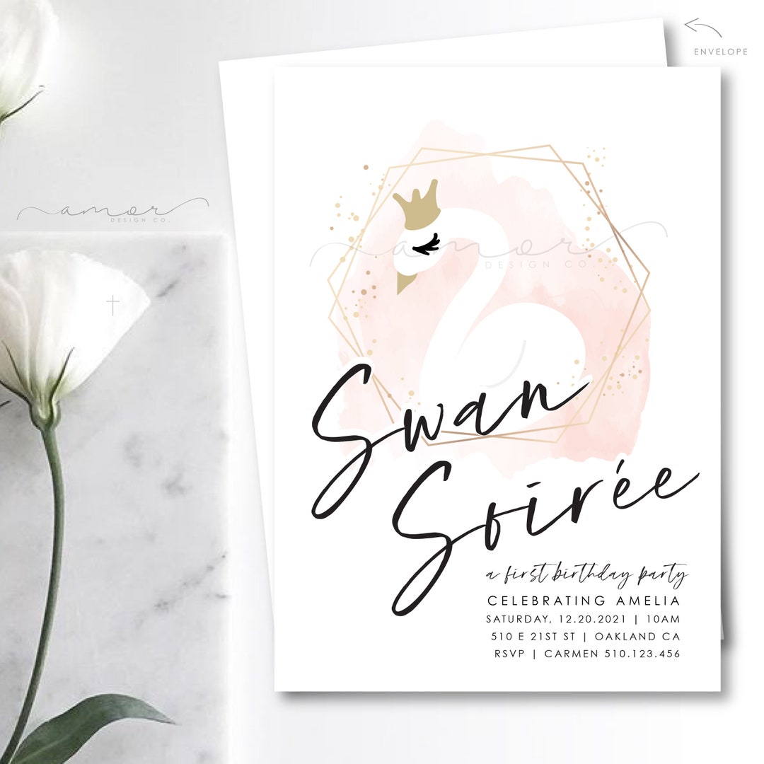 Swan Soiree Birthday Invitation, First Birthday, Minimalist, Modern ...